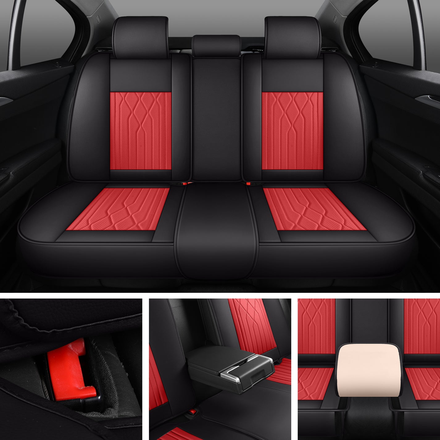 LINGVIDO Black_RED Car Seat Covers - Full Set Leather Seat Covers for